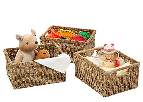 Large Wicker Basket Rectangular with Wooden Handles for Shelves, Seagrass Basket Storage, Natural Baskets for Organizing, Wicker Baskets for Storage - 3 Pack Large