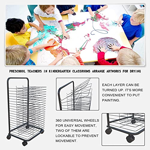 Mobile Art Drying Rack Standard A3 Paper Wire Shelves for Classroom Paint Crafts Drying Rack Metal Artwork Storage Display Rack with Wheels, Ideal for Schools and Art Clubs, Black (Size : 20-Layer)