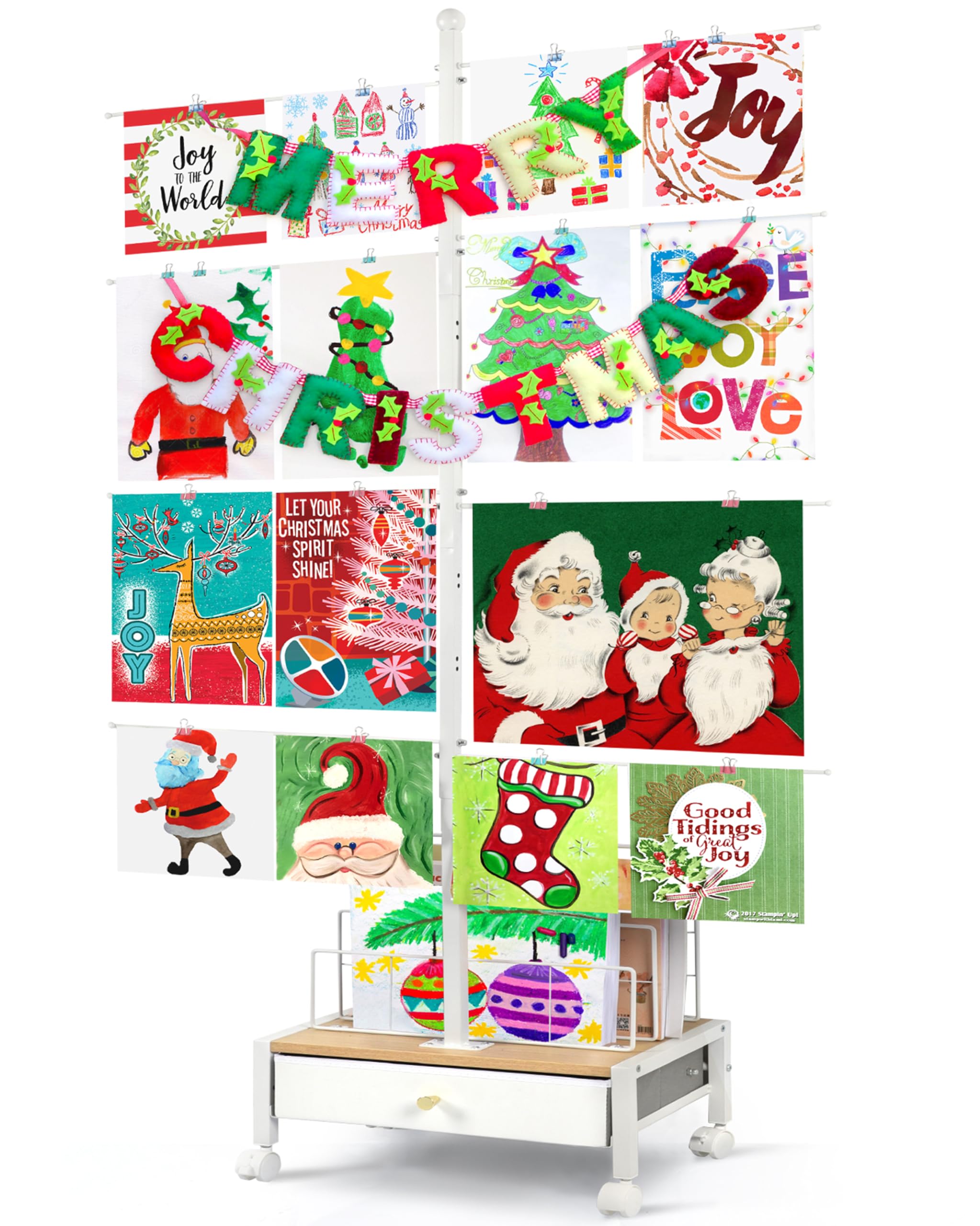 Bikoney Art Display for Kids Artwork-(30 Clips -Total 12ft Wire)-Kids Art Display-Art Drying Rack-Floor Picture Hanging System Kit for Drawing/Photo/Card/Picture Collage Display