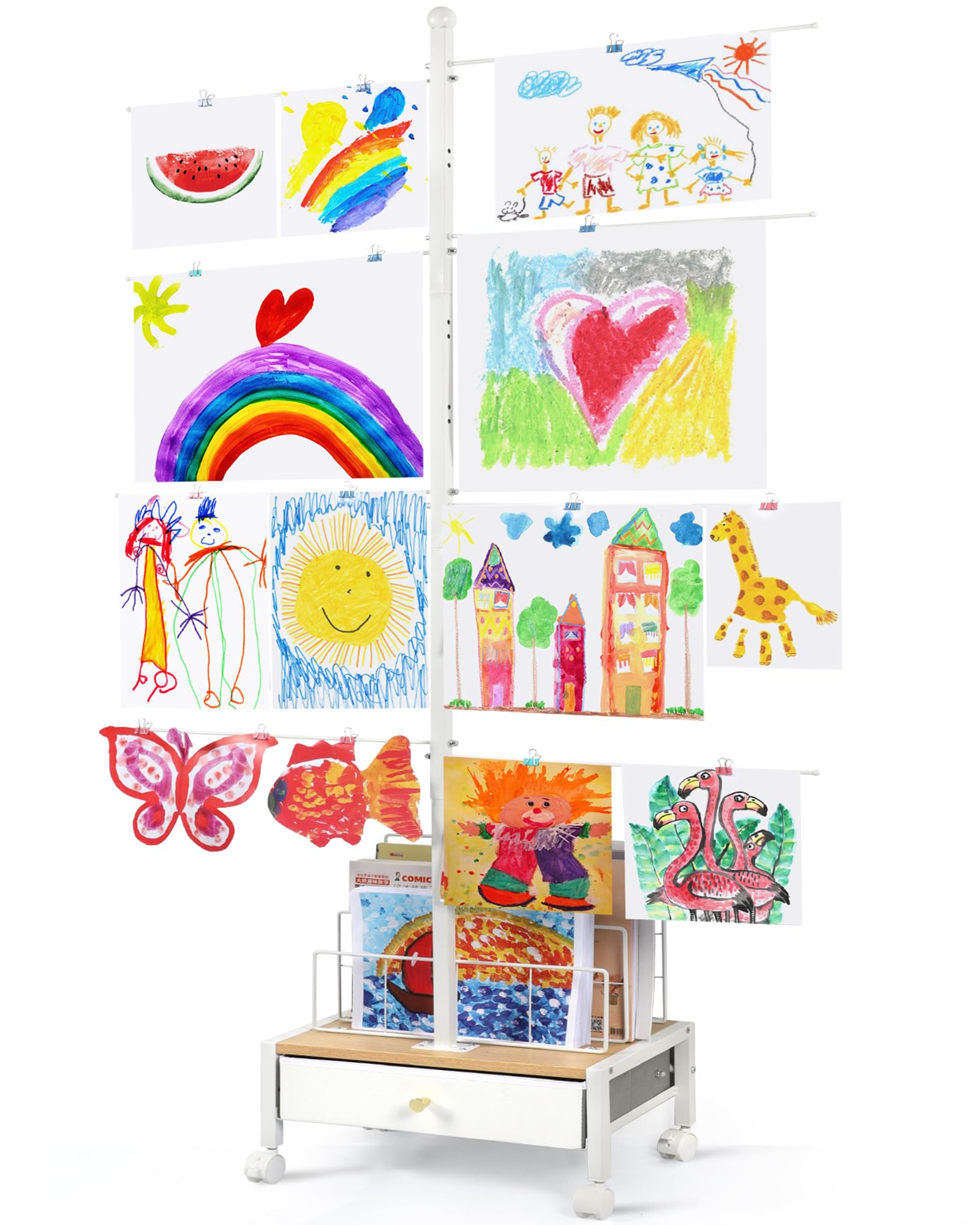 Bikoney Art Display for Kids Artwork-(30 Clips -Total 12ft Wire)-Kids Art Display-Art Drying Rack-Floor Picture Hanging System Kit for Drawing/Photo/Card/Picture Collage Display