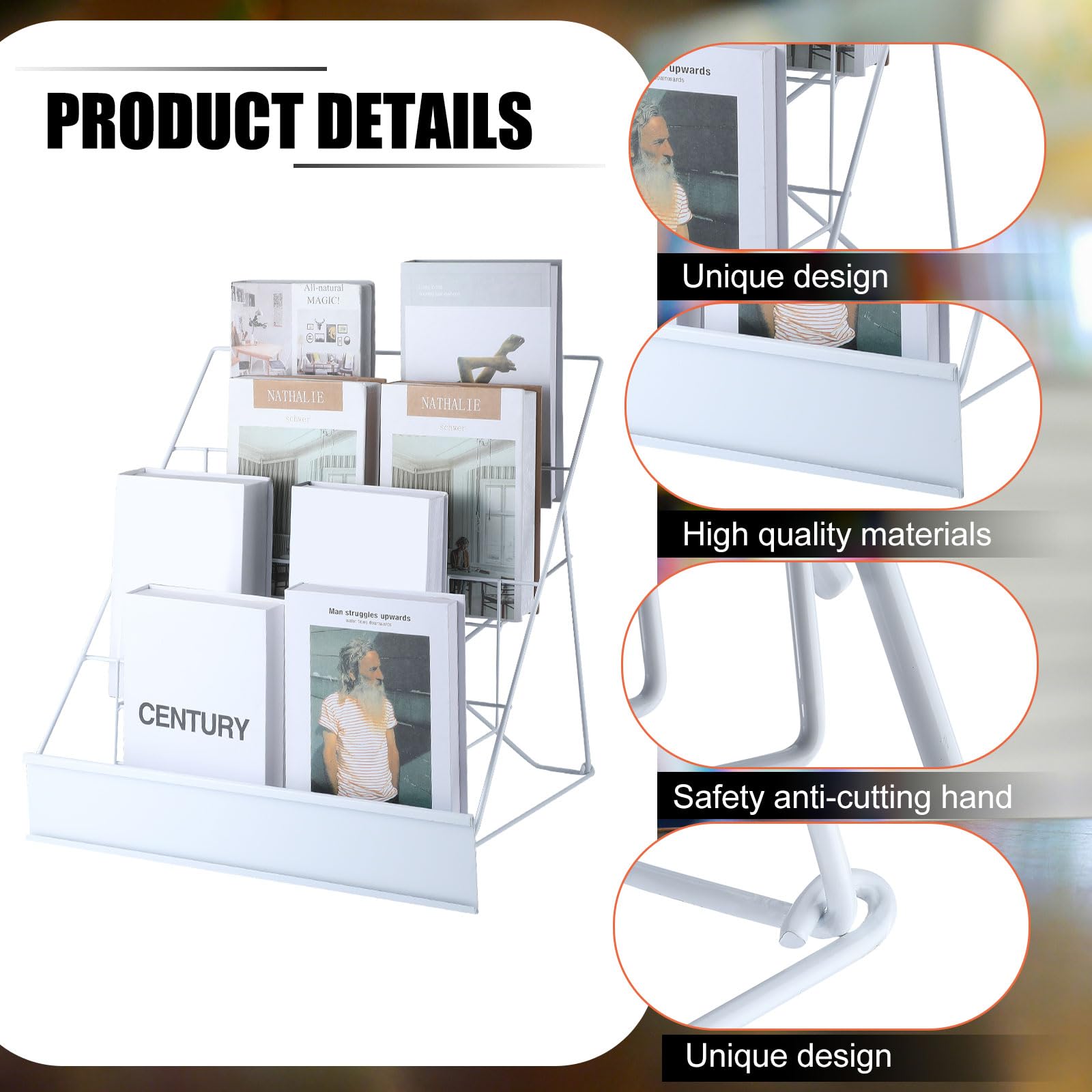 Sintuff Book Display Rack 4-Tiered Book Display Stand 18" Book Signing Wire Rack Tabletop Cd Display Countertop Comic Book Magazine Rack for Library Classroom Picture Literature Brochure(White)