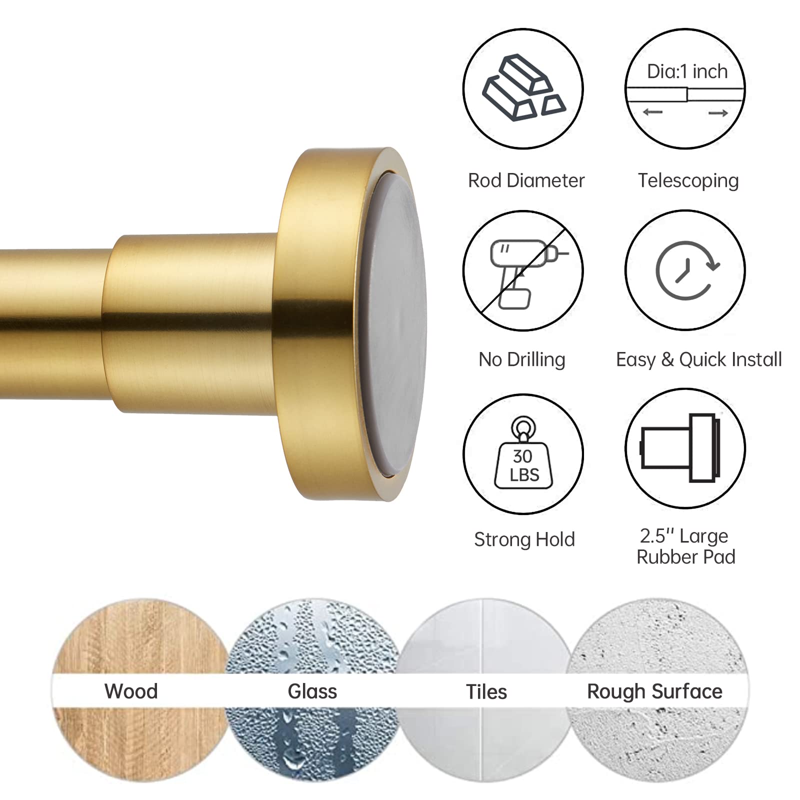EBOATOP Shower Curtain Rod Tension- Never Rust No Drill Non-Slip Spring Tension Shower Rod, 43-73 inches Metal Steel, Gold