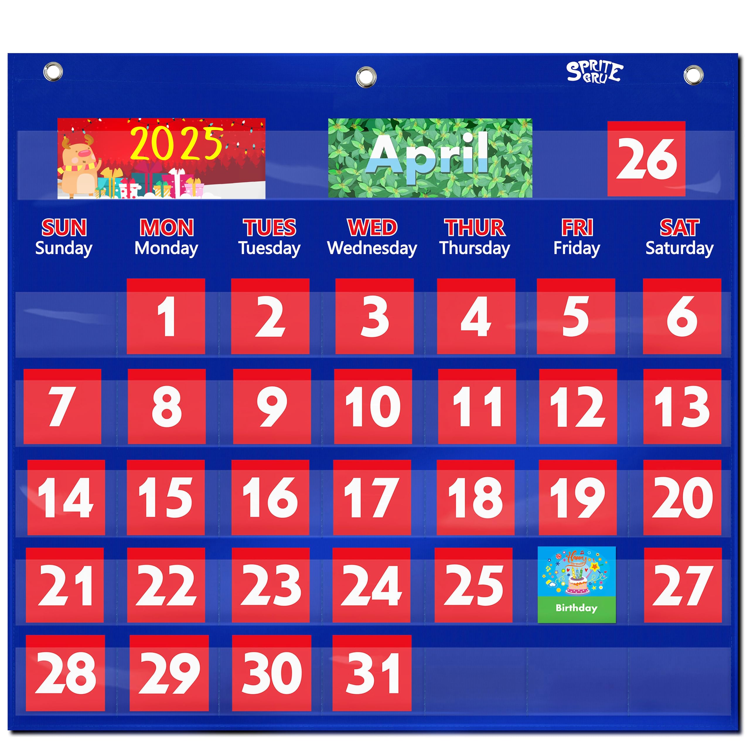 Blue Calendar Pocket Chart with 76 Cards,(68 Illustrated Activity Cards, 8 Dry Erasable Flash Cards and 3 Hooks)