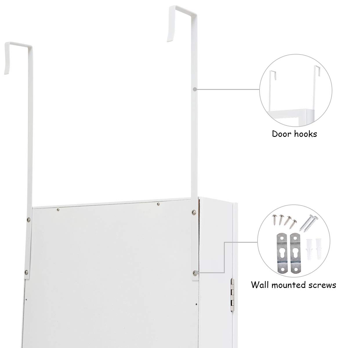 Giantex Wall Door Mounted Mirrored Jewelry Cabinet Jewelry Armoire Storage Organizer with Full Length Mirror Jewelry Cabinets (White)