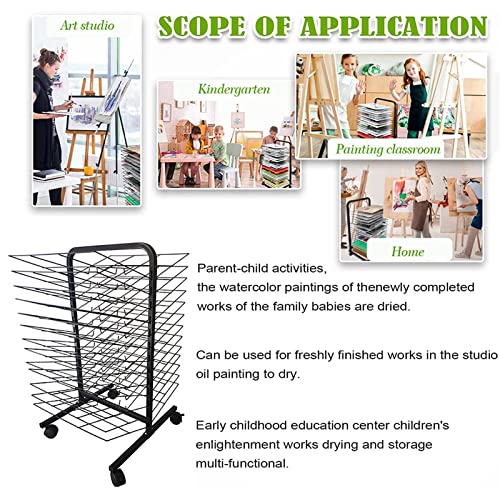 Drying Rack 45 × 66 × 82 cm, Black Metal 26 Wire Shelves Double Sided Mobile Art Drying Rack Stackable Artwork Storage Classroom Painting Drying Shelf for Schools and Art Clubs