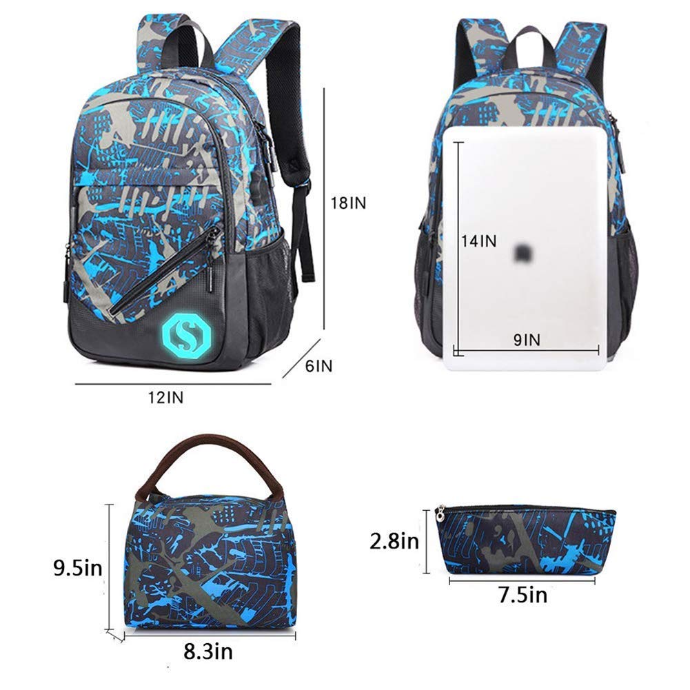 Pawsky School Backpack for Boys, 14 Inch Laptop Backpack with USB Charging Port, Anti-theft Lock, Lunch Bag & Pencil Case, Lightweight Water Resistant Bookbag Daypack