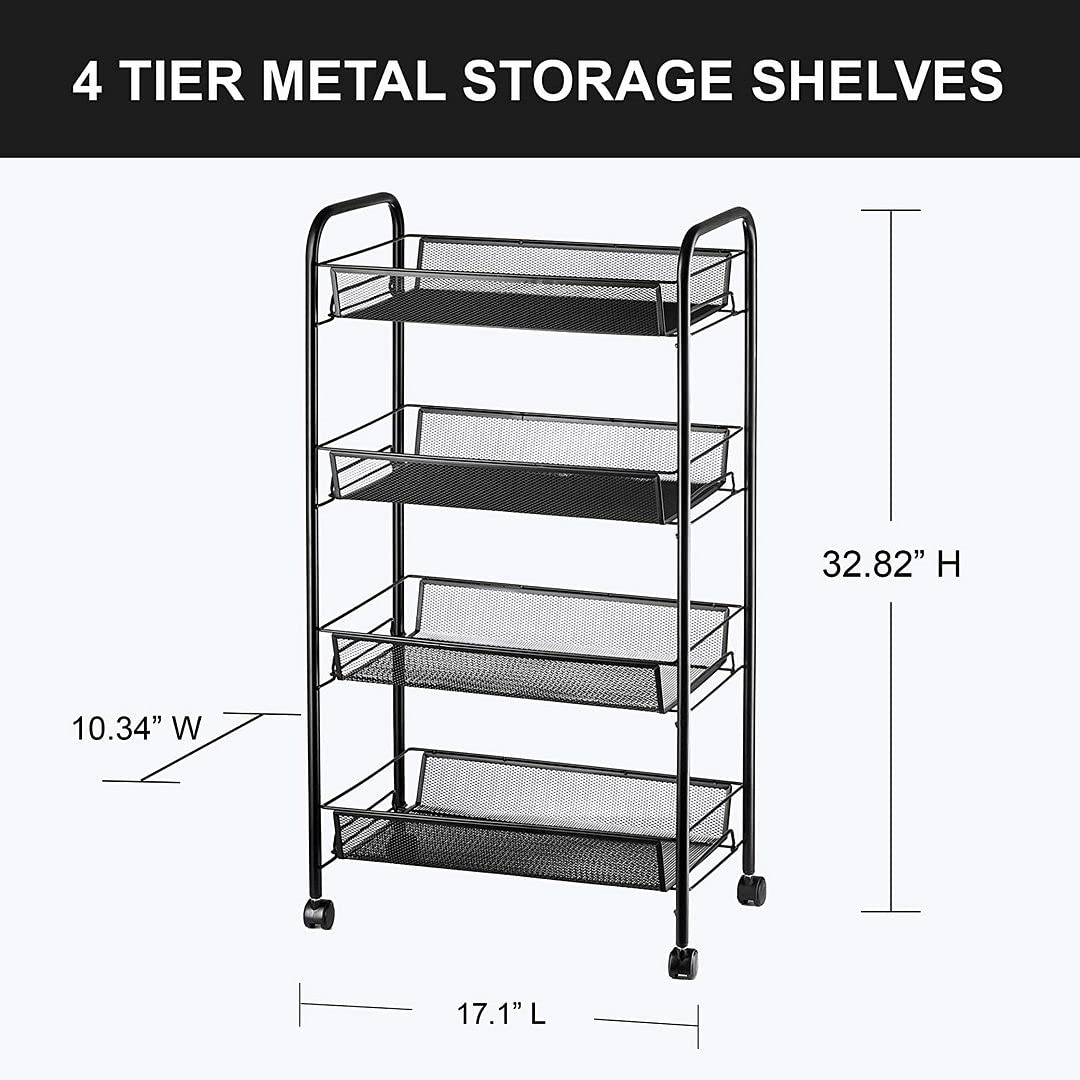 Halter 4 Tier Metal Storage Shelves with Wheels, Roller Cart Wire Storage Baskets, Office Rolling Cart Organizer, Black