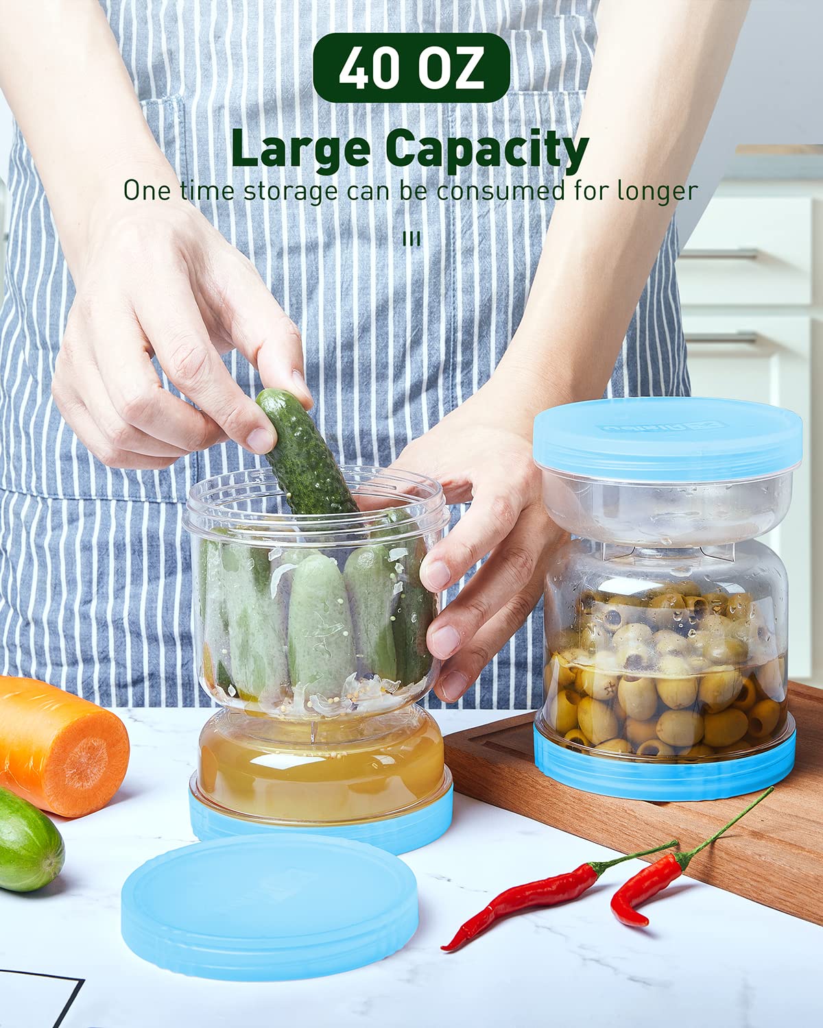 AIxibu Pickle Jar with Strainer Flip,40oz Pickle Flip Jar With Double Leak Proof,Food Storage Container of Pickles(1PCS)-Blue