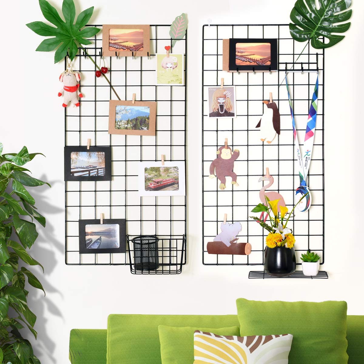 Wall Photo Grid Shelf, Wall Hanging Ins Art Display Grid Panel for Decor & Storage, Metal Wire Notice Boards & Memo Board, Mesh Tool Organiser, Wall Photo Frame 2 Pcs (Black, 15.7 x 31.5 inches)