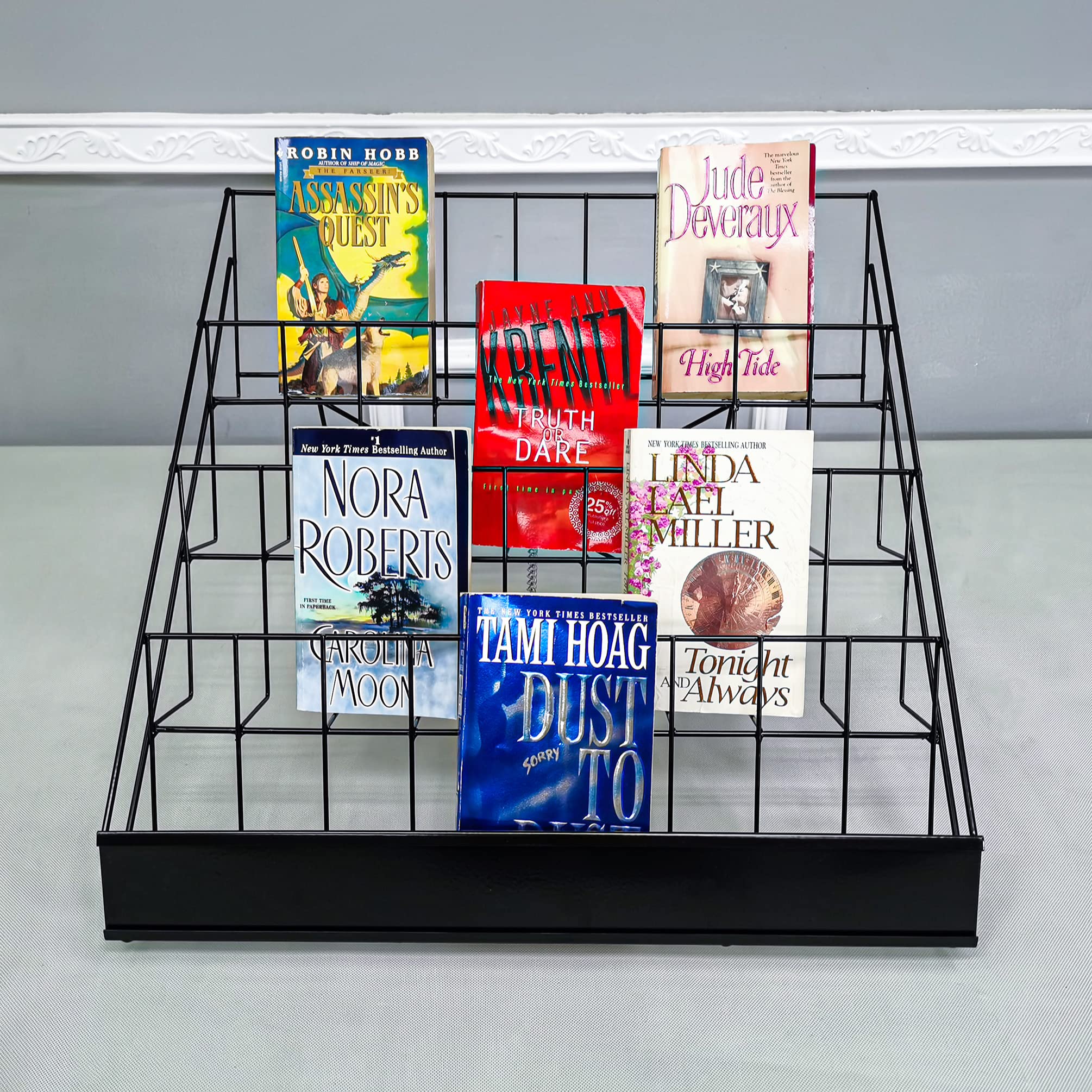 FixtureDisplaysÂź 4-Tiered Book Signing Rack, CD Display, 18" Wire Rack for Tabletop Use, 2.5" Open Shelves, with Header - Black 119362-FBA