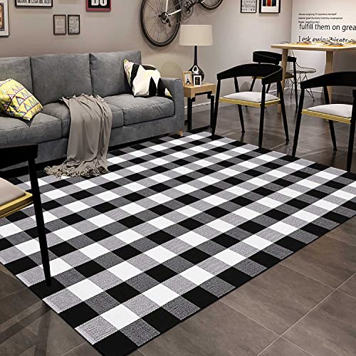 HOYIJA Buffalo Plaid Outdoor Rug 5 'x 7' Black and White Checkered Rug,Cotton Hand-Woven Indoor or Outdoor Check Large Area Rugs, Washable Rugs for Living Rooms/Dining Room/Bedroom/Farmhouse (5＇×7＇)