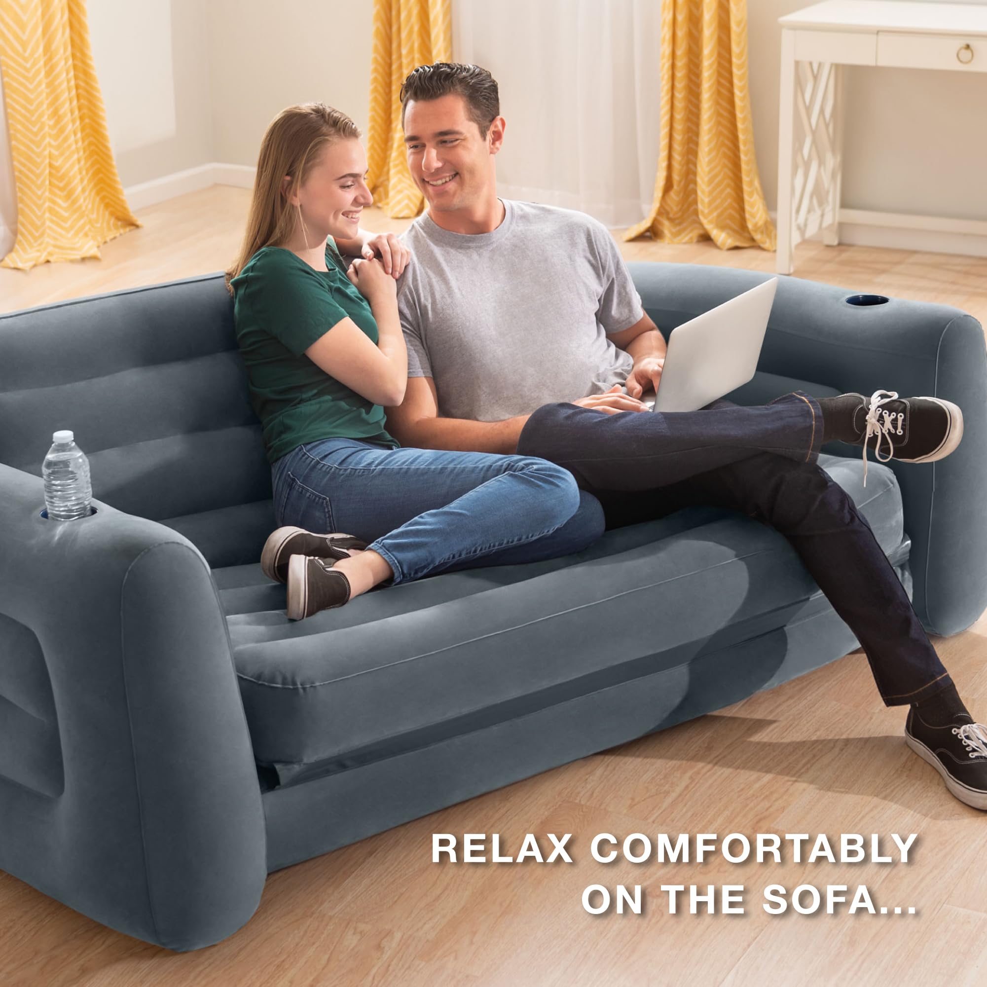 Intex Pull-Out Sofa Inflatable Bed, 80" X 91" X 26", Queen, Gray