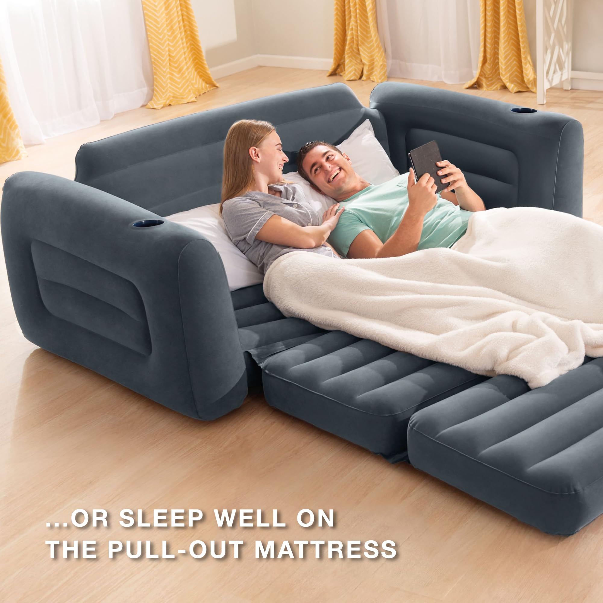 Intex Pull-Out Sofa Inflatable Bed, 80" X 91" X 26", Queen, Gray