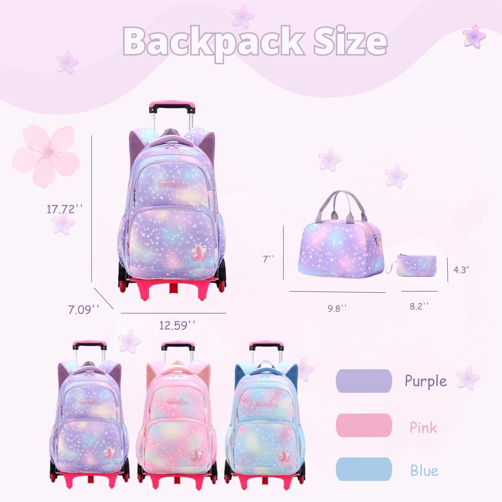 LANSHIYA Dream Princess Wind Rolling Backpack for Girls Wheeled Travel Bag Trolley School Bag Pink Six Wheels