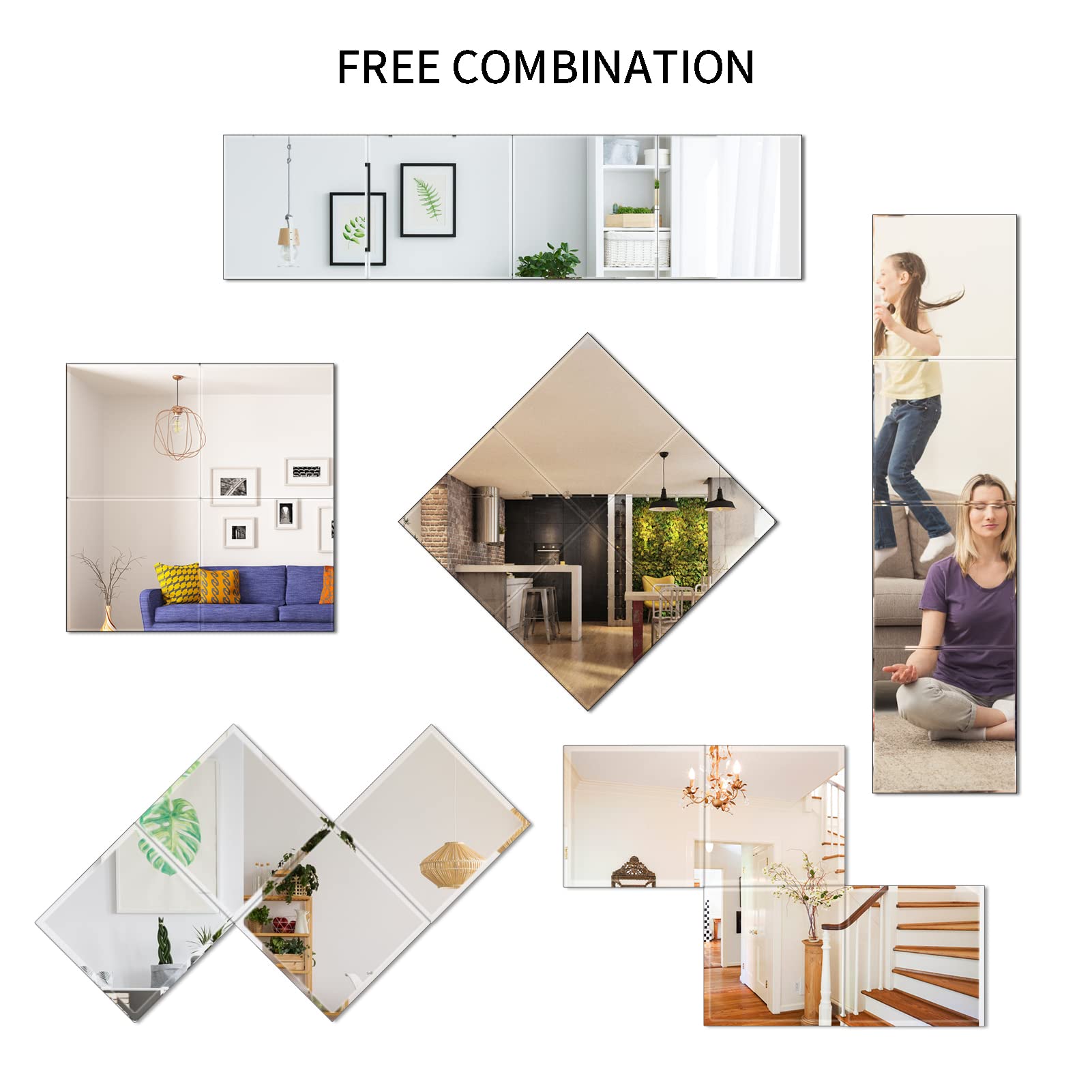PETAFLOP 14x48 Inch Full Length Mirror and 4PCS 11x11 Inch Wall Mirror Tiles