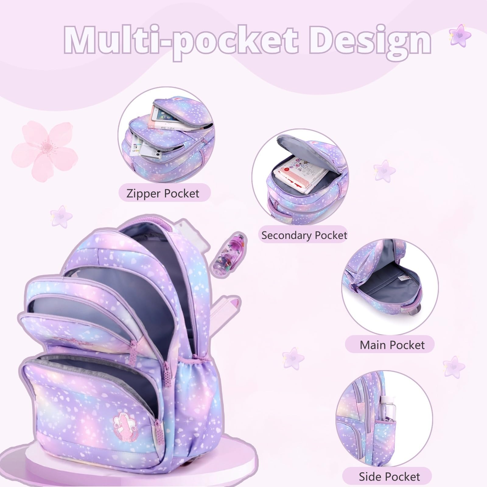 LANSHIYA Dream Princess Wind Rolling Backpack for Girls Wheeled Travel Bag Trolley School Bag Pink Six Wheels