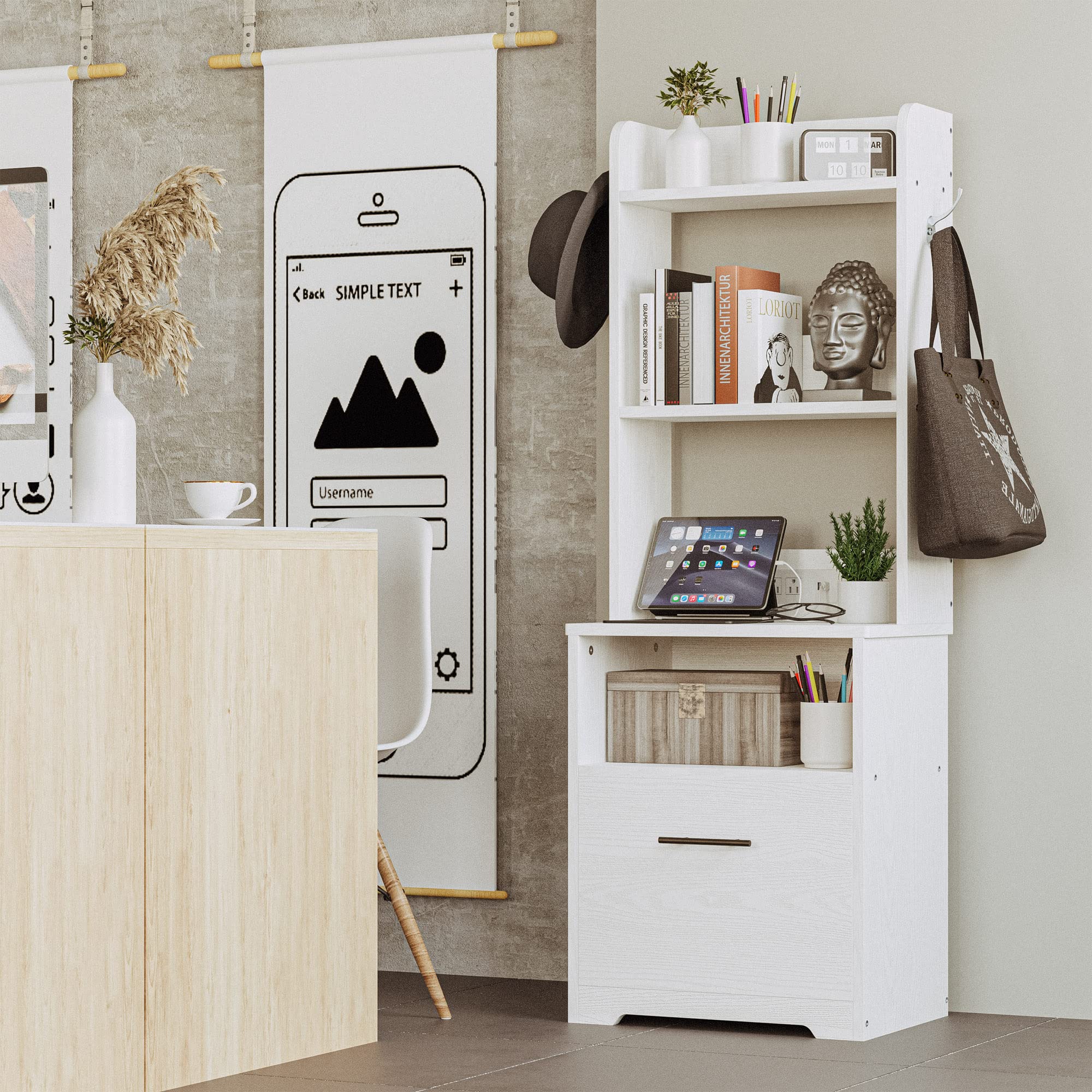 IRONCK File Cabinet with Bookshelf and Power Outlet, Vertical Filing Cabinet for Letter/Legal/A4/A3 Size File, Large Printer Stand with Open Storage Shelves
