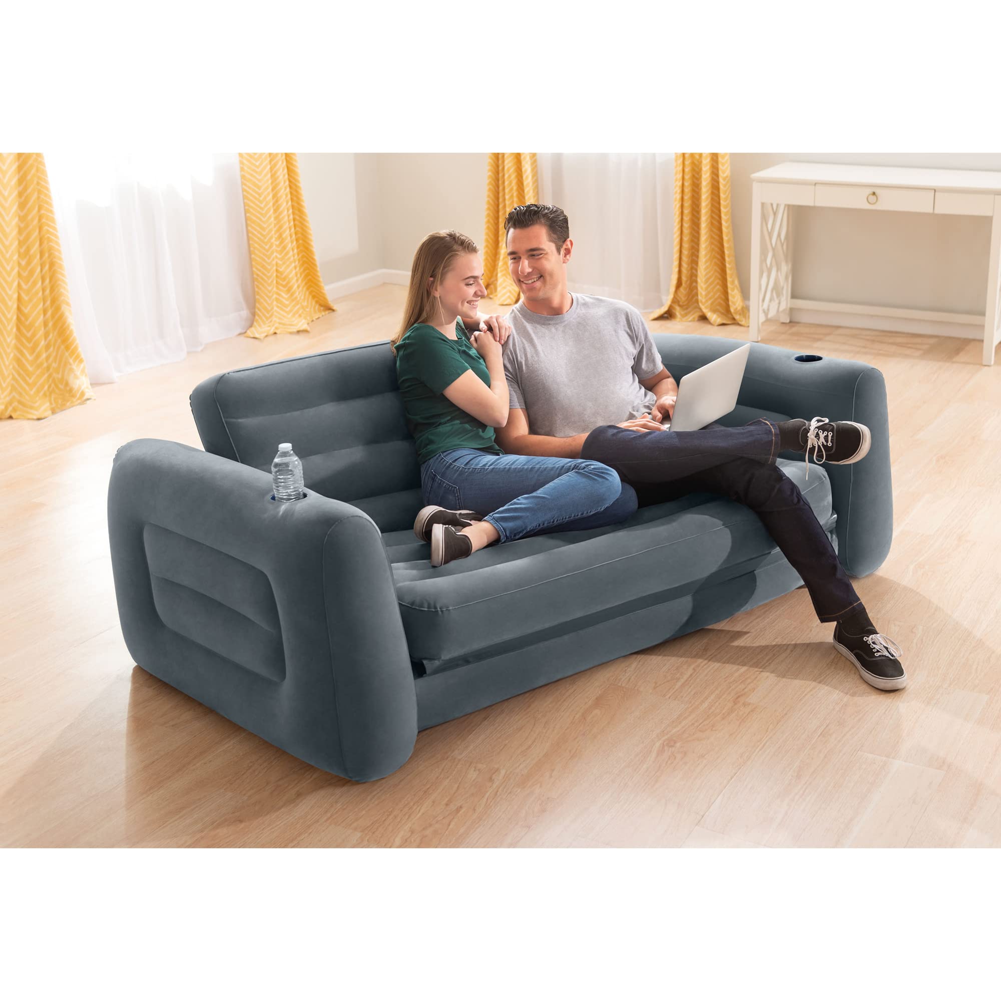 Intex Pull-Out Sofa Inflatable Bed, 80" X 91" X 26", Queen, Gray