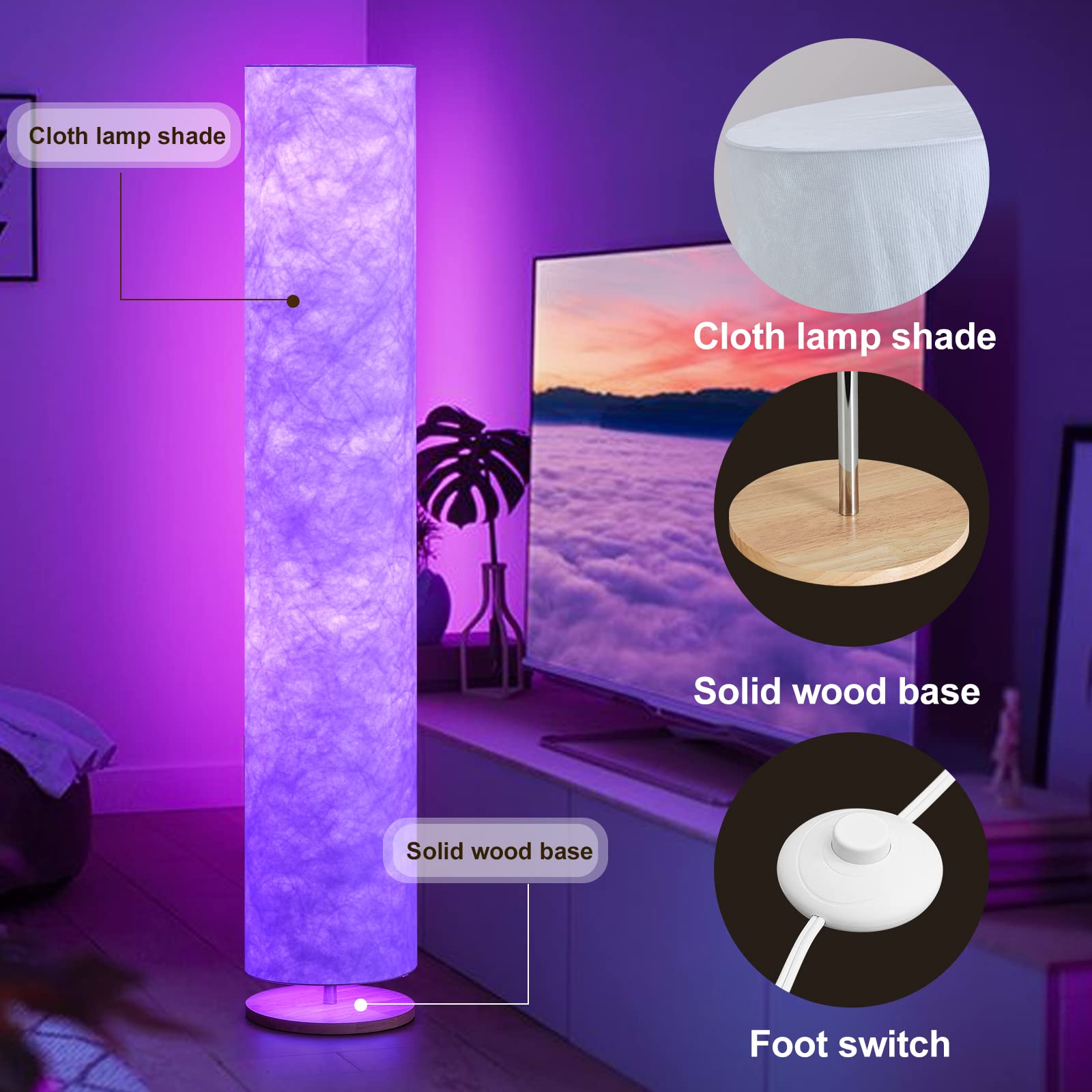Soft Light Floor Lamp, 52" Simple Design Morden Slim RGB 7 Color Changing LED Tyvek Fabric Shade Dimmable Remote Control & 2 Smart LED Bulbs Standing Lamp for Living Room Bedroom Game Room