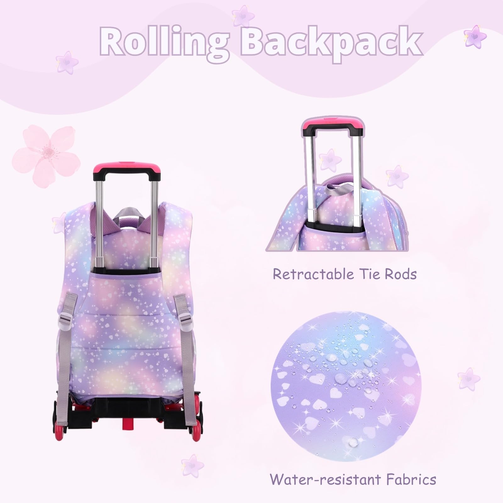 LANSHIYA Dream Princess Wind Rolling Backpack for Girls Wheeled Travel Bag Trolley School Bag Pink Six Wheels