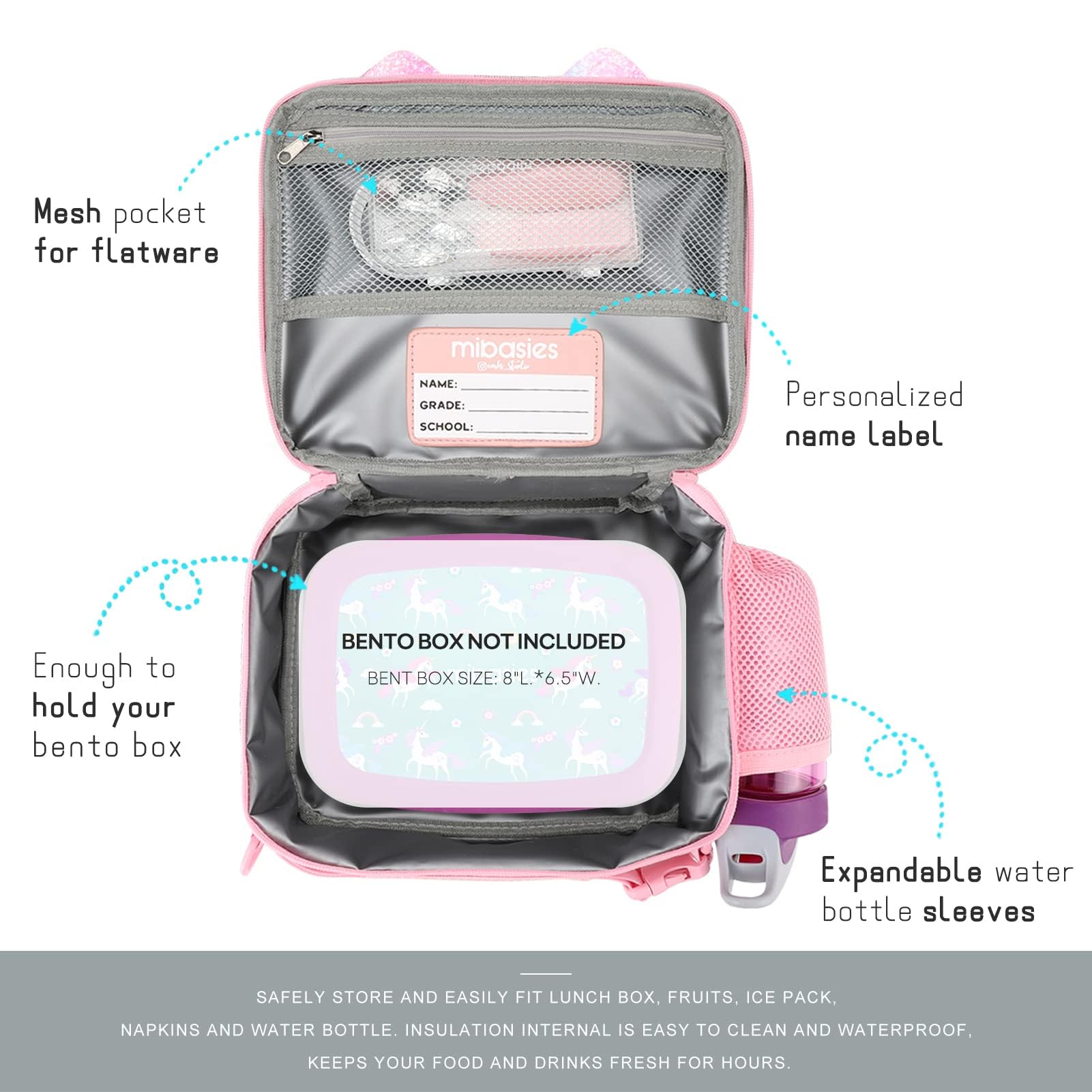 mibasies Cat Insulated Lunch Box for Girls Kids Rainbow Bag for School