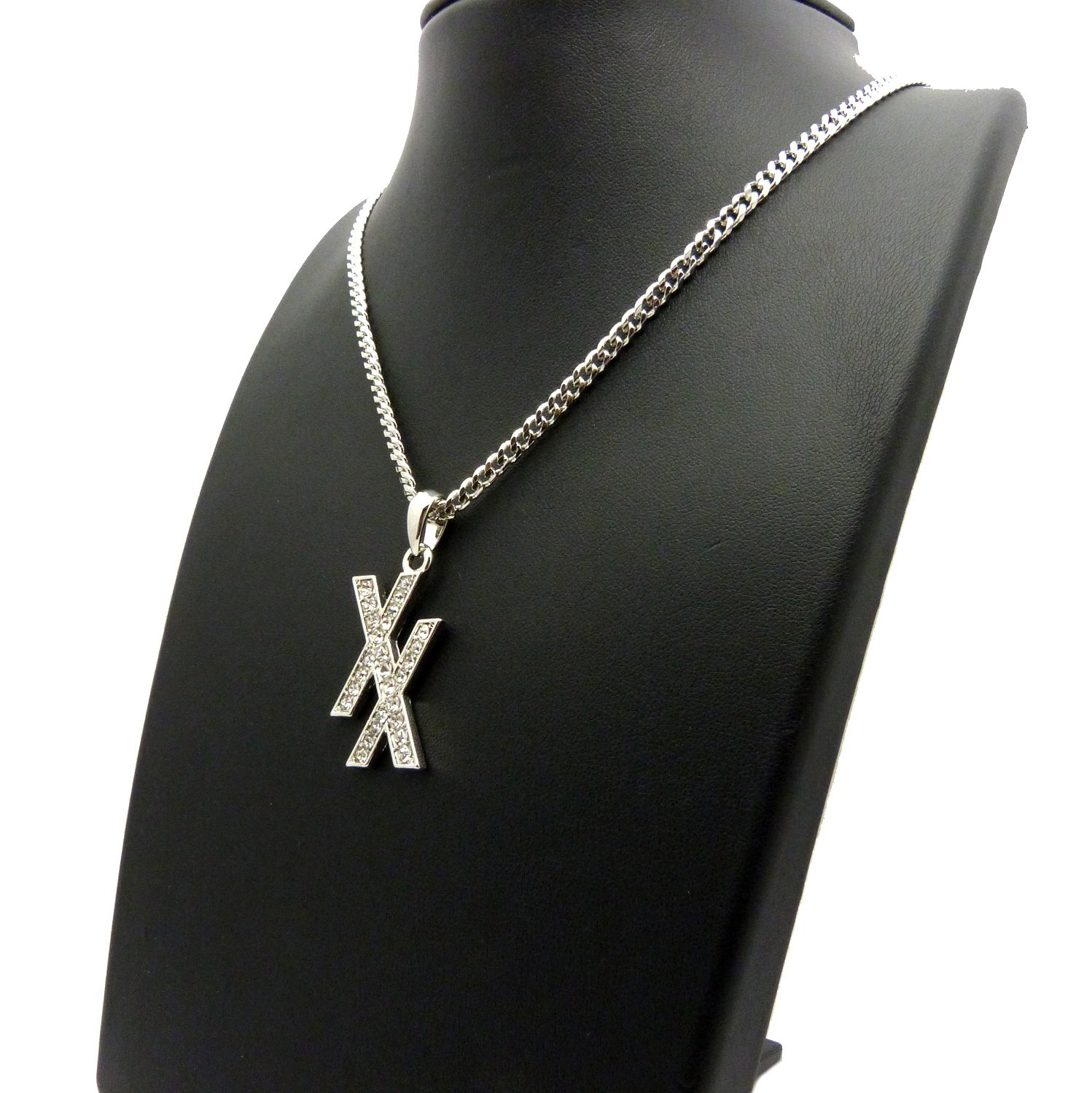 NYFASHION101 Stone Stud Double X Pendant w/ 3mm 24" Cuban Chain Necklace, Silver-Tone