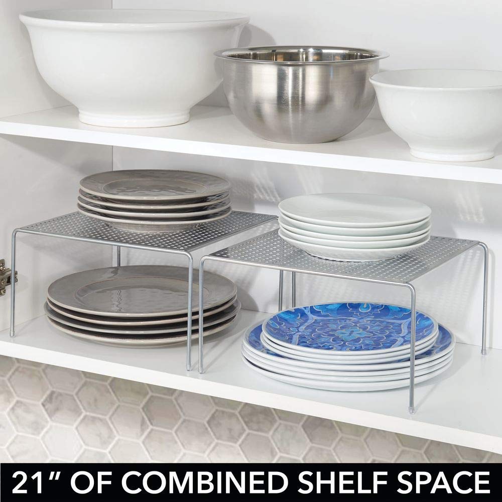 mDesign Modern Metal Square Kitchen Cabinet, Pantry, Countertop Organizer Storage Shelves for Kitchen Cabinets, Countertops, Pantry - Durable Steel, Non-Skid Feet, 2 Pack - Silver