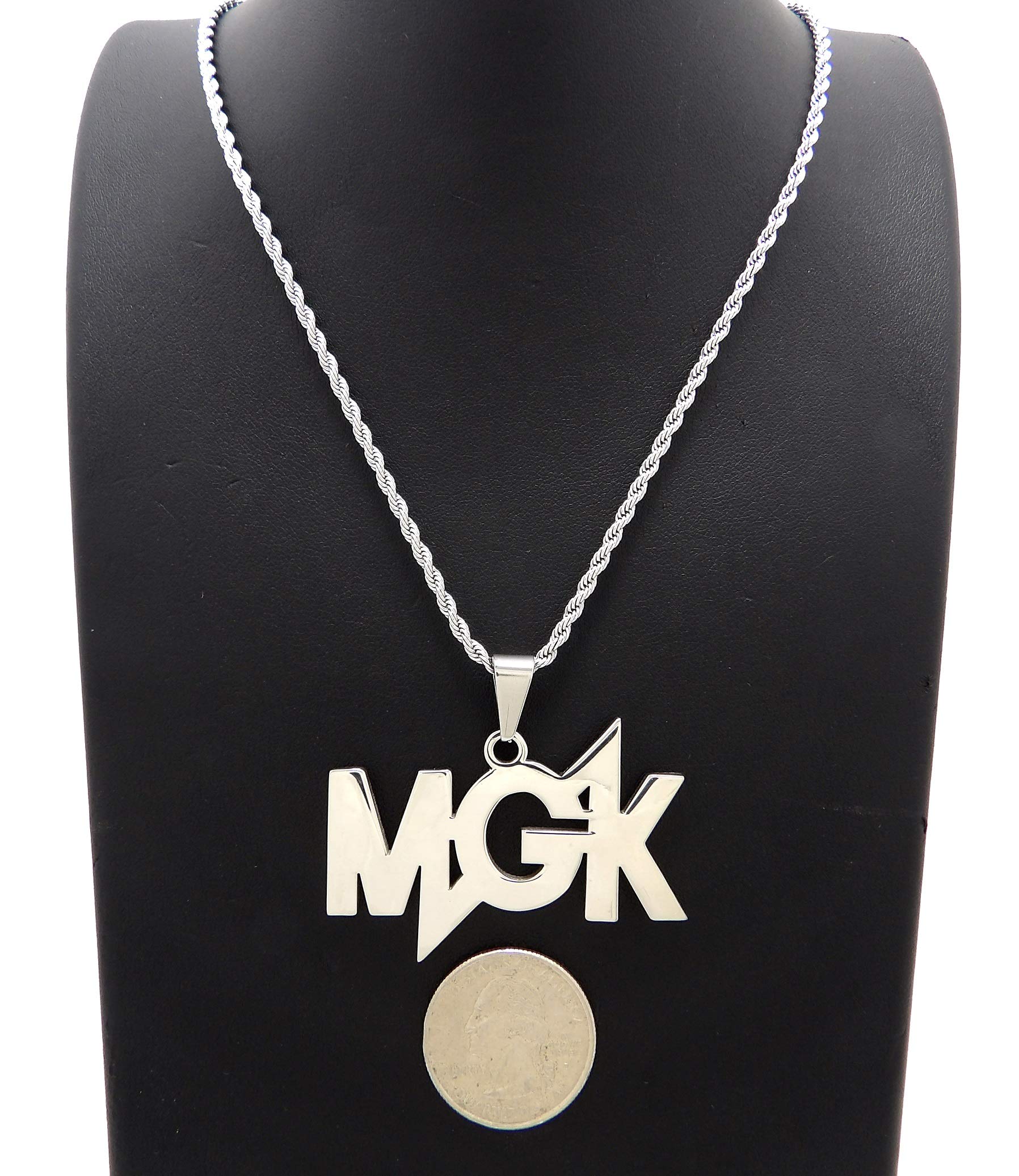BLINGFACTORY Hip Hop MGK Bling Pendant & 3mm 18" ~ 24" Stainless Steel Rope Chain Necklace (18" Chain)
