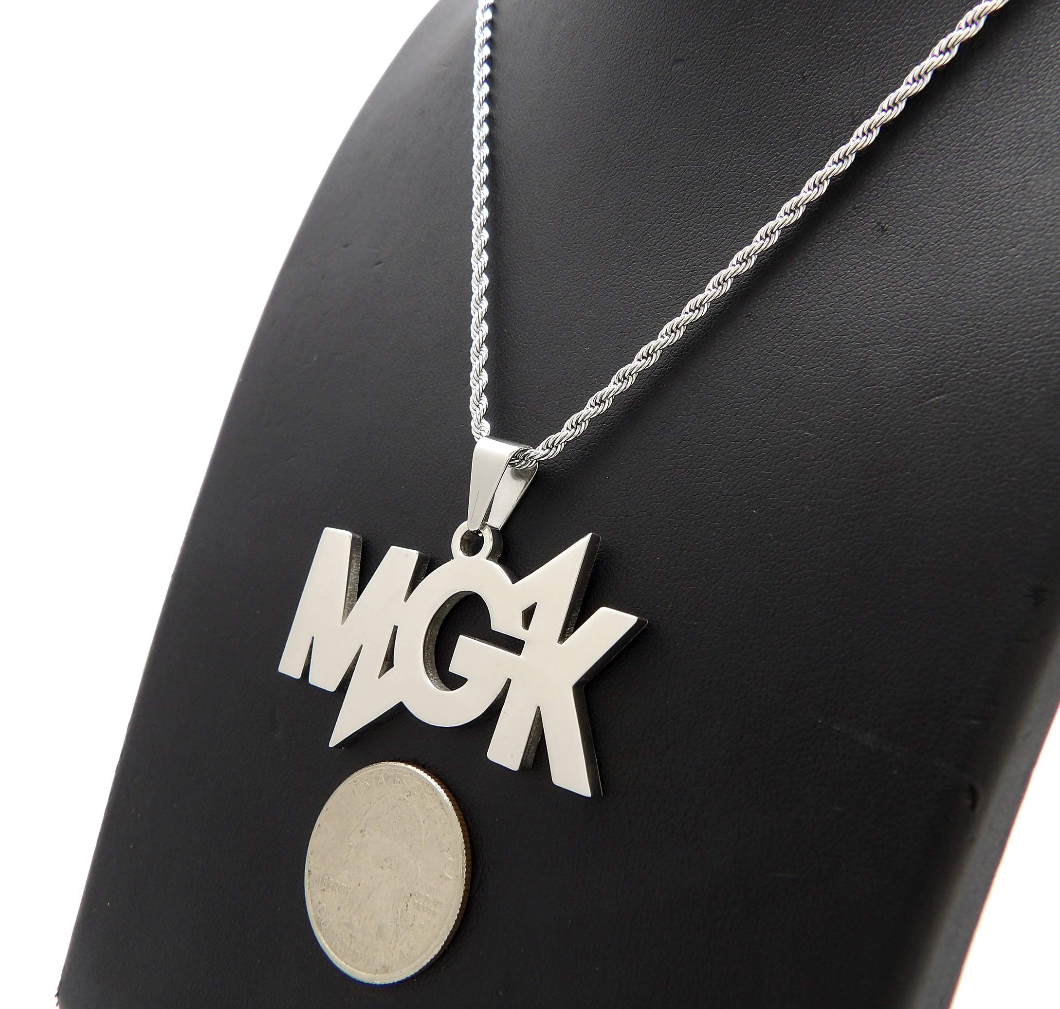 BLINGFACTORY Hip Hop MGK Bling Pendant & 3mm 18" ~ 24" Stainless Steel Rope Chain Necklace (18" Chain)
