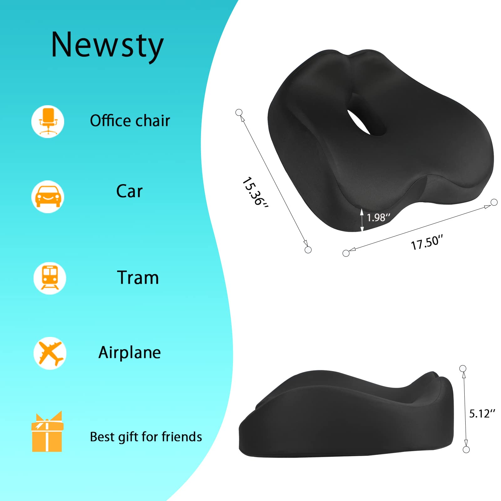 Newsty Pressure Relief Seat Cushion for Long Sitting Hours on Office, Home Chair, Car Memory Foam Office Chair Cushion for Back, Coccyx, Tailbone Pain Relief(Black)
