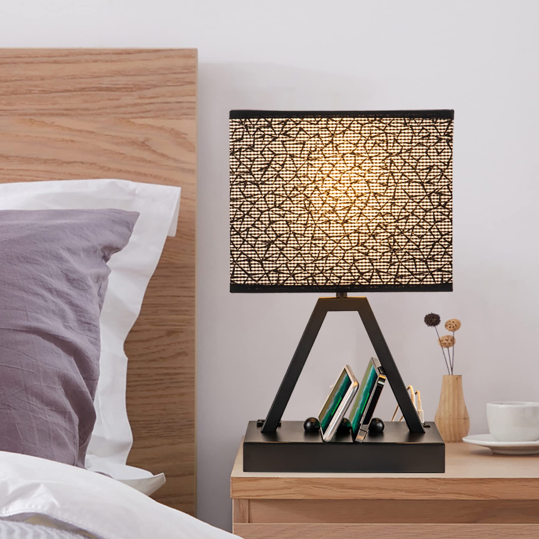 Briever USB C Touch Control Table Lamp, 3-Way Dimmable Desk Lamp with USB C & USB A and AC Outlet, Bedside Lamp with Phone Stands and Black Shade for Bedroom, Living Room, Office, LED Bulb Included