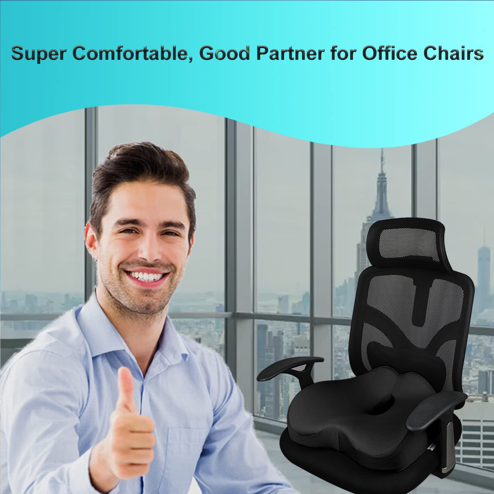 Newsty Pressure Relief Seat Cushion for Long Sitting Hours on Office, Home Chair, Car Memory Foam Office Chair Cushion for Back, Coccyx, Tailbone Pain Relief(Black)