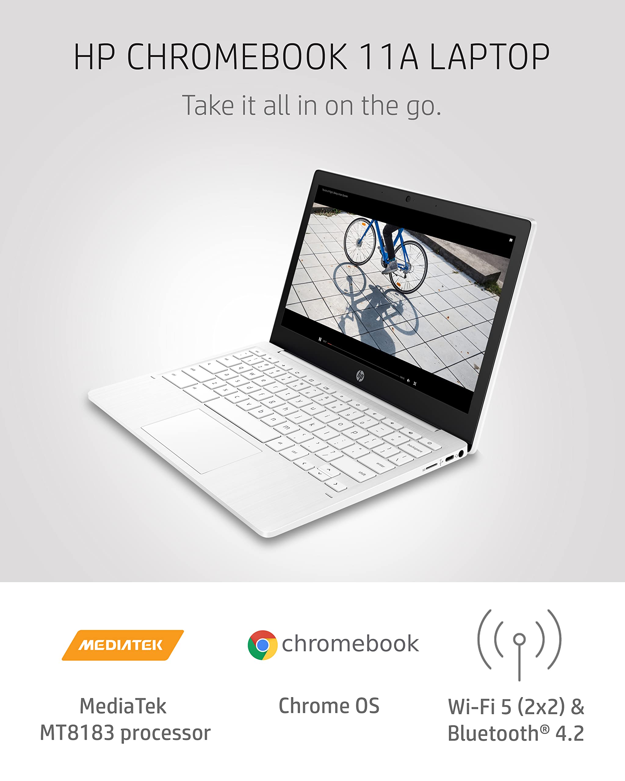 HP Chromebook 11 Laptop, MediaTek MT8183, 4 GB RAM, 64 GB eMMC, 11.6" HD Touchscreen, Chrome OS, Long Battery Life, USB-C Port, Custom-Tuned Speakers, Lightweight (11a-na0110nr, 2022, Snow White)