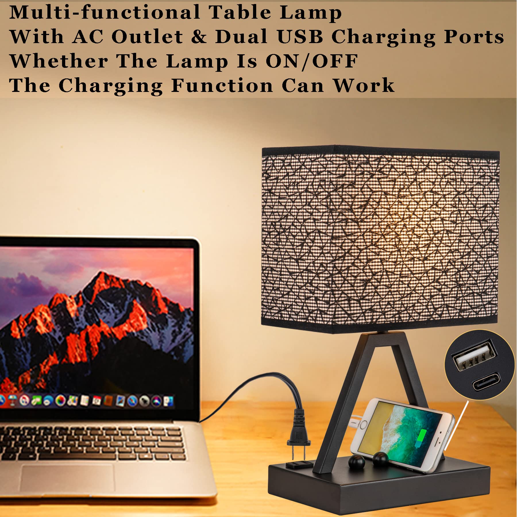 Briever USB C Touch Control Table Lamp, 3-Way Dimmable Desk Lamp with USB C & USB A and AC Outlet, Bedside Lamp with Phone Stands and Black Shade for Bedroom, Living Room, Office, LED Bulb Included