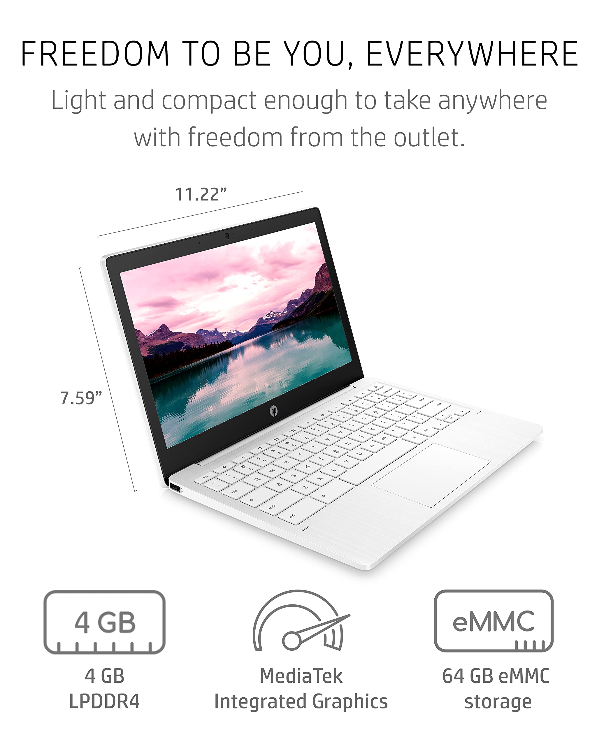 HP Chromebook 11 Laptop, MediaTek MT8183, 4 GB RAM, 64 GB eMMC, 11.6" HD Touchscreen, Chrome OS, Long Battery Life, USB-C Port, Custom-Tuned Speakers, Lightweight (11a-na0110nr, 2022, Snow White)
