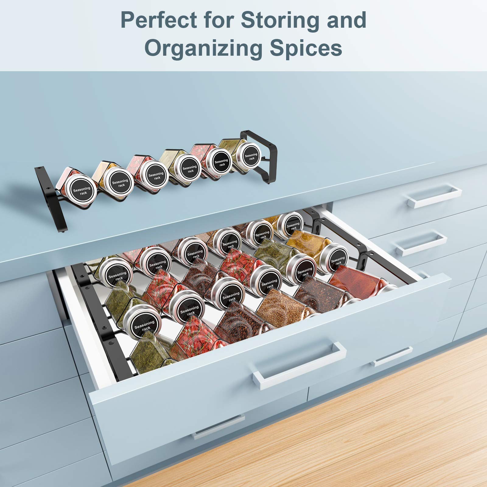 Auledio 4-Tier Stackable Spice Rack with 24 Glass, Seasoning Bottle Organizer with 80 Labels with Chalk Marker and Funnel Complete Set for Countertop, Cabinet or Wall Mount