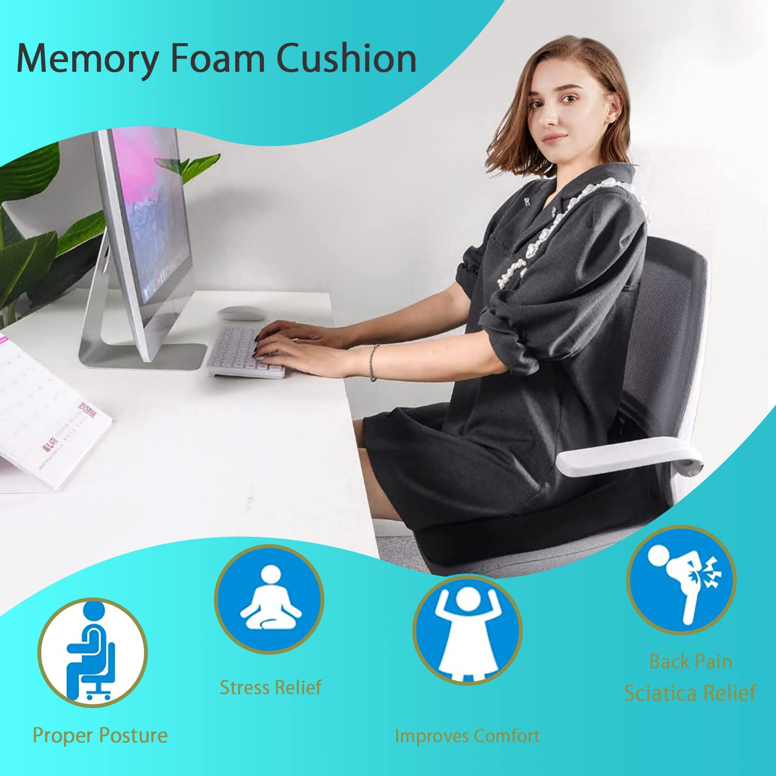 Newsty Pressure Relief Seat Cushion for Long Sitting Hours on Office, Home Chair, Car Memory Foam Office Chair Cushion for Back, Coccyx, Tailbone Pain Relief(Black)