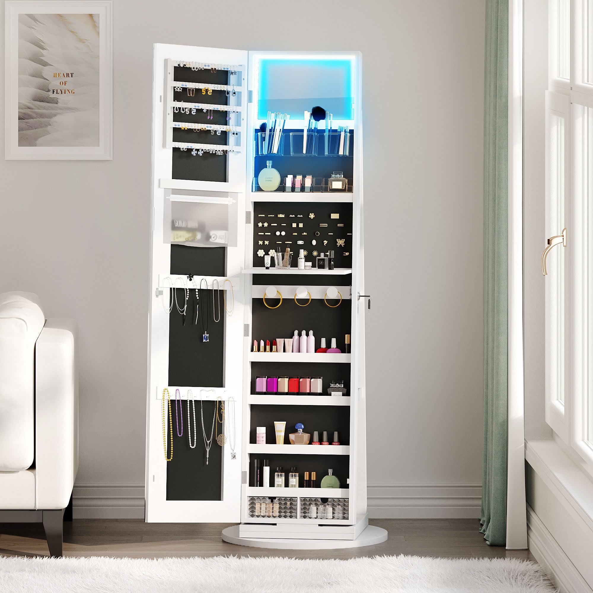 YITAHOME LED Jewelry Mirror Cabinet, Lighted Standing Jewelry Armoires 47-Inch Full Length Mirror with Storage Lockable Jewelry Organizer with Touch Screen Dimmable LED Lights, 3 Colored Light, White