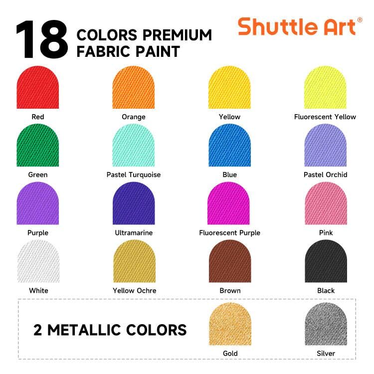 Fabric Paint, Shuttle Art 18 Colors Permanent Soft Fabric Paint in Bottles (60ml/2oz) with Brushes, Palette, Stencils, Non-Toxic Textile Paint for T-shirts, Shoes, Jeans, Bags, DIY Projects&Art Crafts