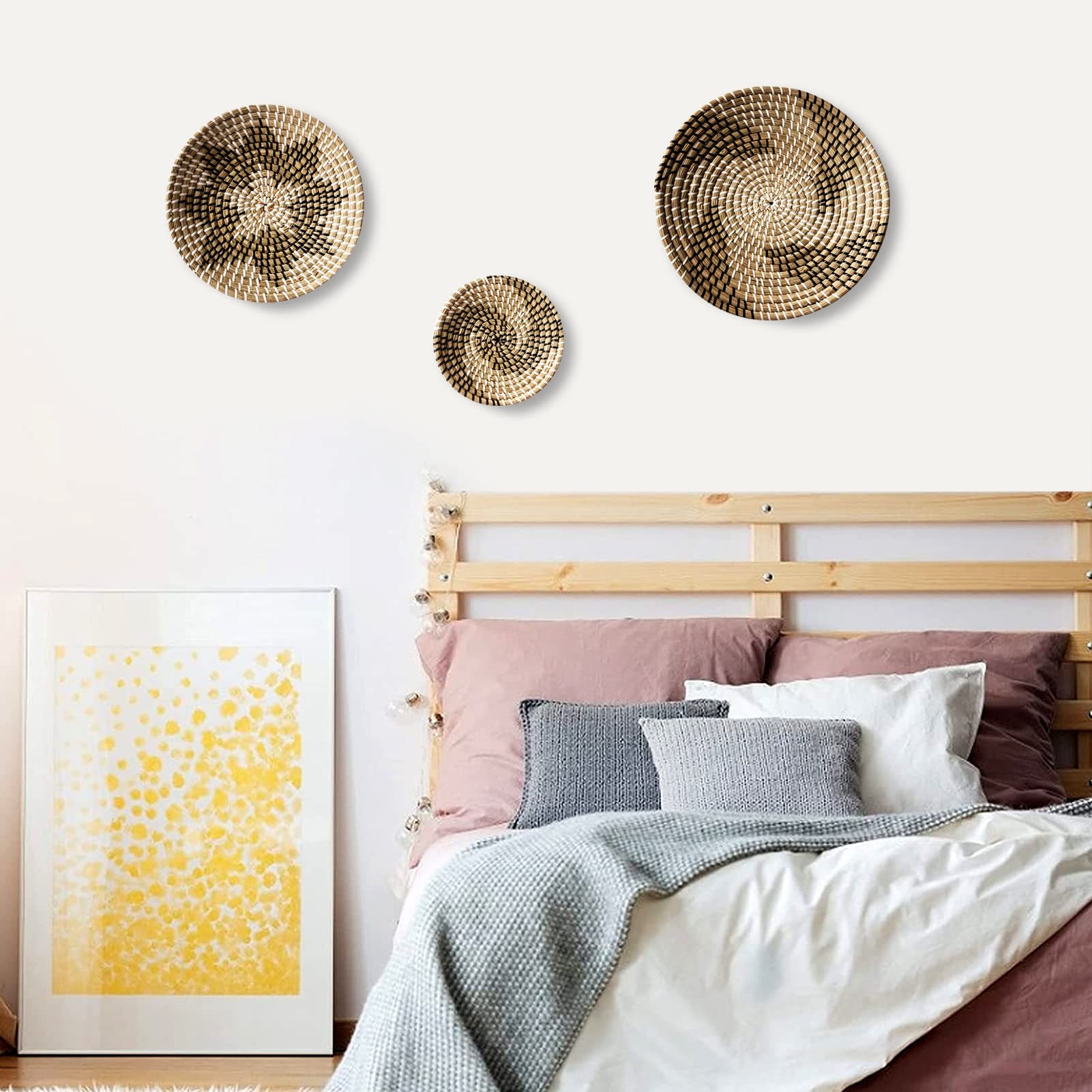 Set of 3 Decorative Wall Basket - Boho Hand Woven Rattan Hanging Decor Round Flat Wicker Baskets for Home Living Room Housewarming Gift