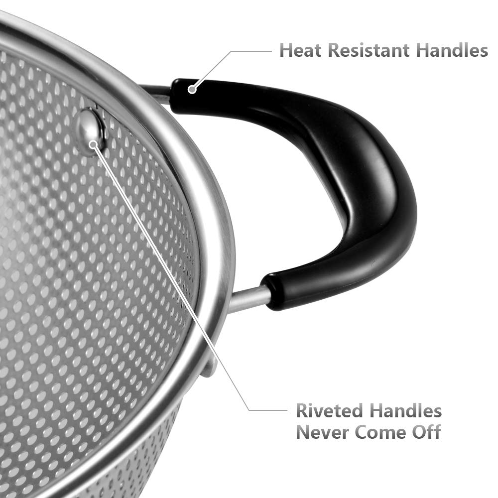 18/8 Stainless Steel Colander, Easy Grip Micro-Perforated 5-Quart Colander, Strainer with Riveted and Heat Resistant Handles, BPA Free. Great for Pasta, Noodles, Vegetables and Fruits