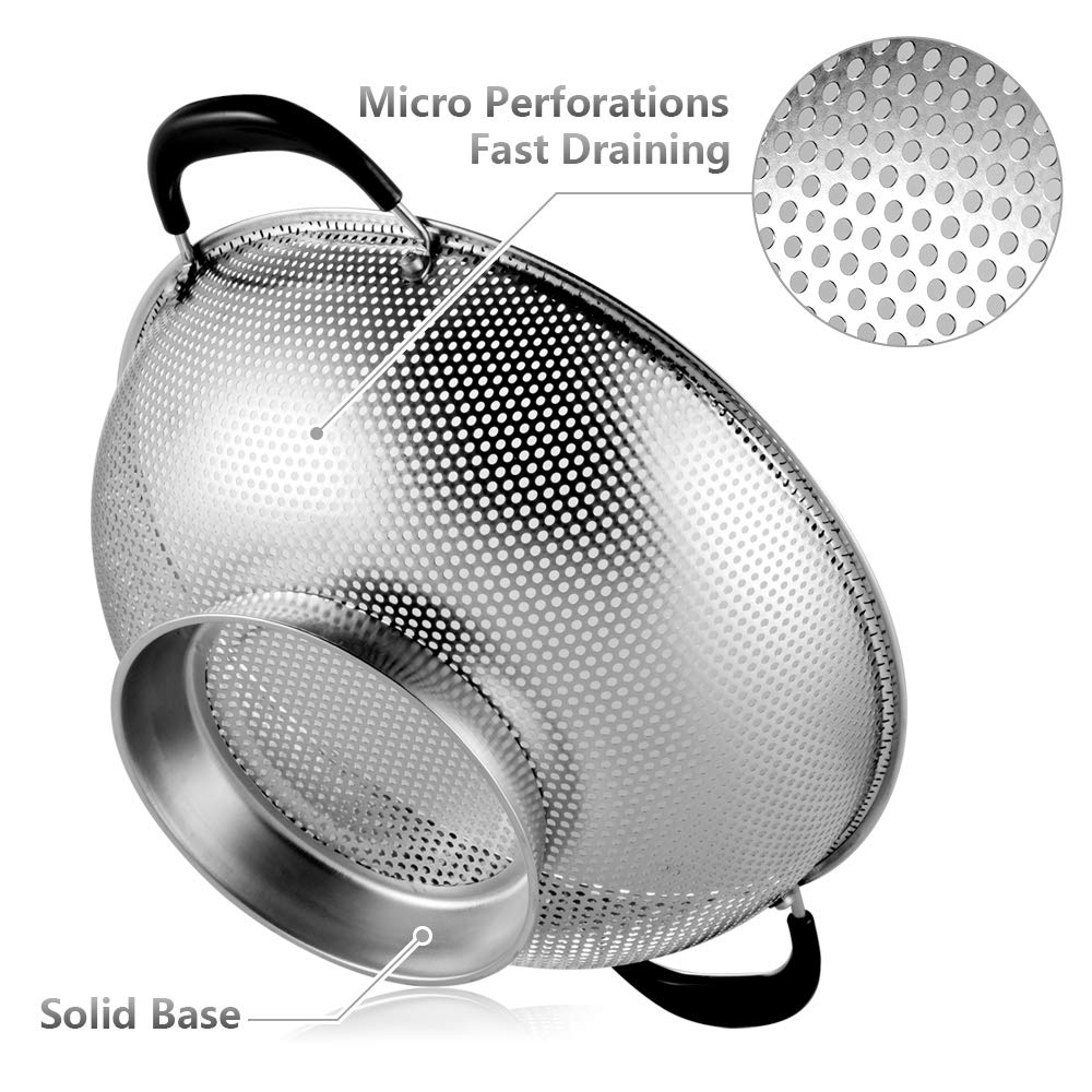 18/8 Stainless Steel Colander, Easy Grip Micro-Perforated 5-Quart Colander, Strainer with Riveted and Heat Resistant Handles, BPA Free. Great for Pasta, Noodles, Vegetables and Fruits