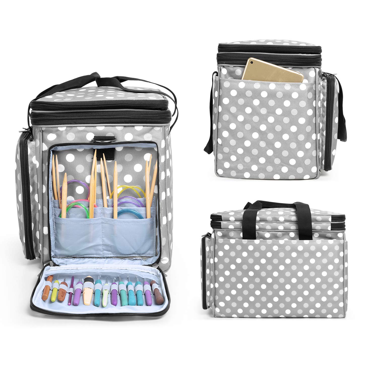 Luxja Knitting Bag, Yarn Bag with Cover and Shoulder Strap, Yarn Tote Bag for Carrying Projects, Knitting Needles (up to 14β), Circular Needles, Crochet Hooks and Other Accessories, Gray Dots