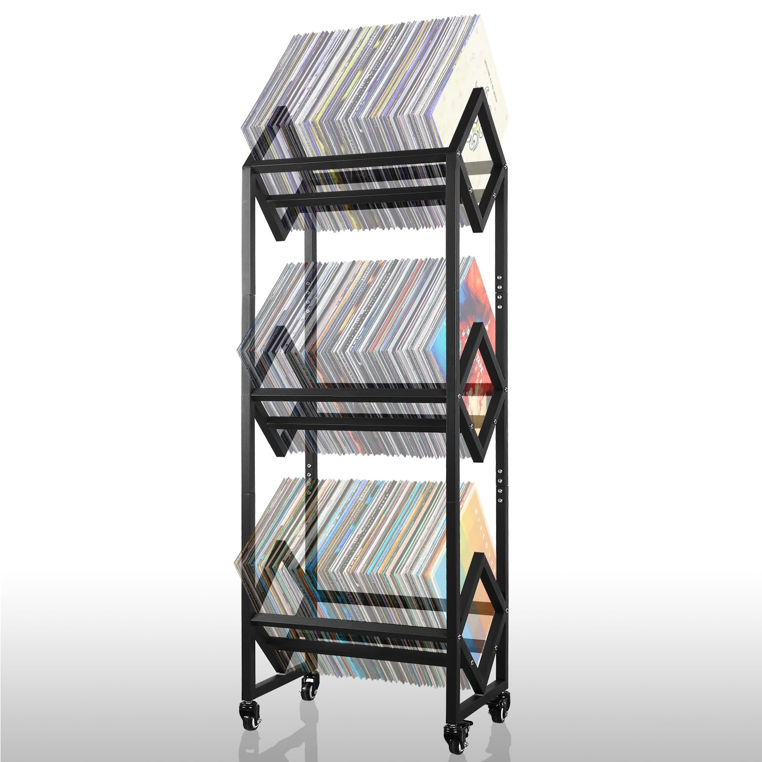 WIMART Record Holder, 2 Tiers Vinyl Record Storage Rack Shelf Holder, Album Display Stand for Home, Office with Sand Black Powder Coated High End Design with Casters Easy to Move, 160-200 LP Storage