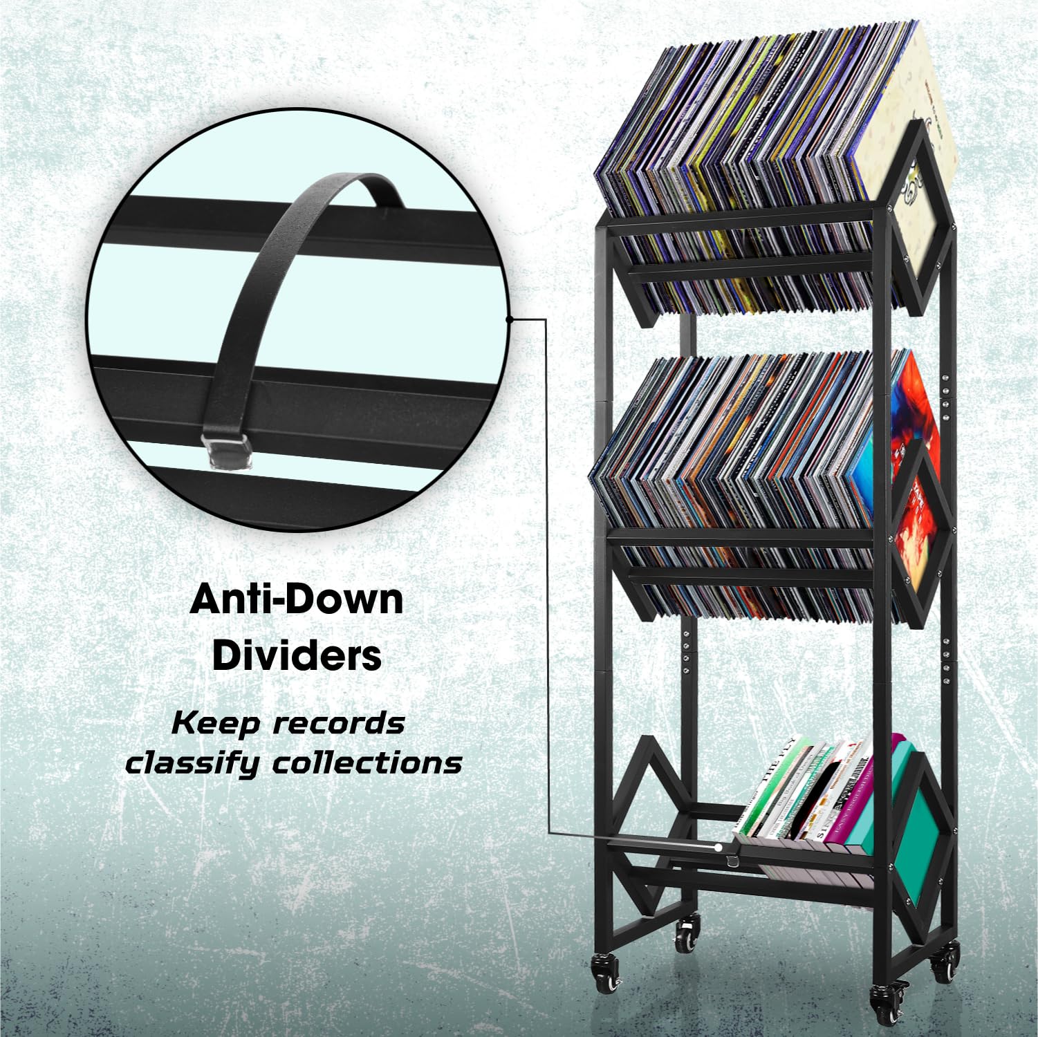 WIMART Record Holder, 2 Tiers Vinyl Record Storage Rack Shelf Holder, Album Display Stand for Home, Office with Sand Black Powder Coated High End Design with Casters Easy to Move, 160-200 LP Storage