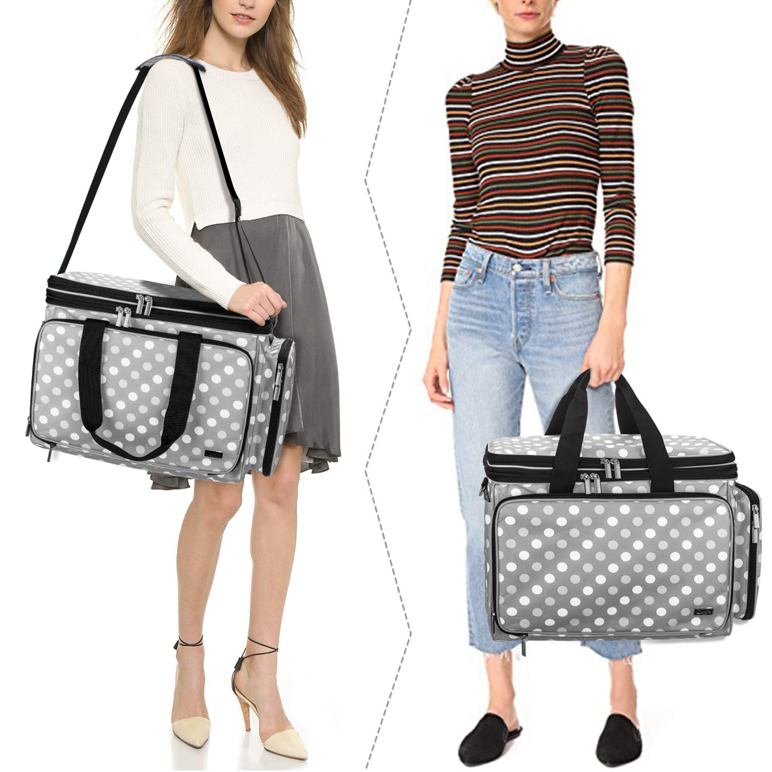 Luxja Knitting Bag, Yarn Bag with Cover and Shoulder Strap, Yarn Tote Bag for Carrying Projects, Knitting Needles (up to 14β), Circular Needles, Crochet Hooks and Other Accessories, Gray Dots