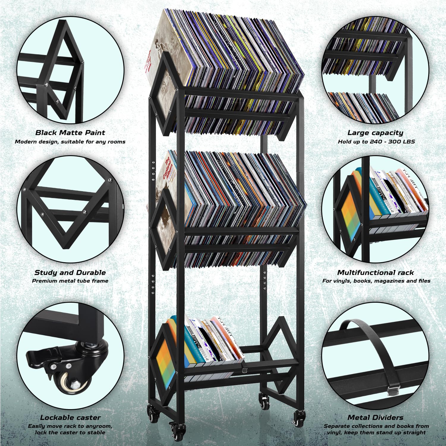 WIMART Record Holder, 2 Tiers Vinyl Record Storage Rack Shelf Holder, Album Display Stand for Home, Office with Sand Black Powder Coated High End Design with Casters Easy to Move, 160-200 LP Storage