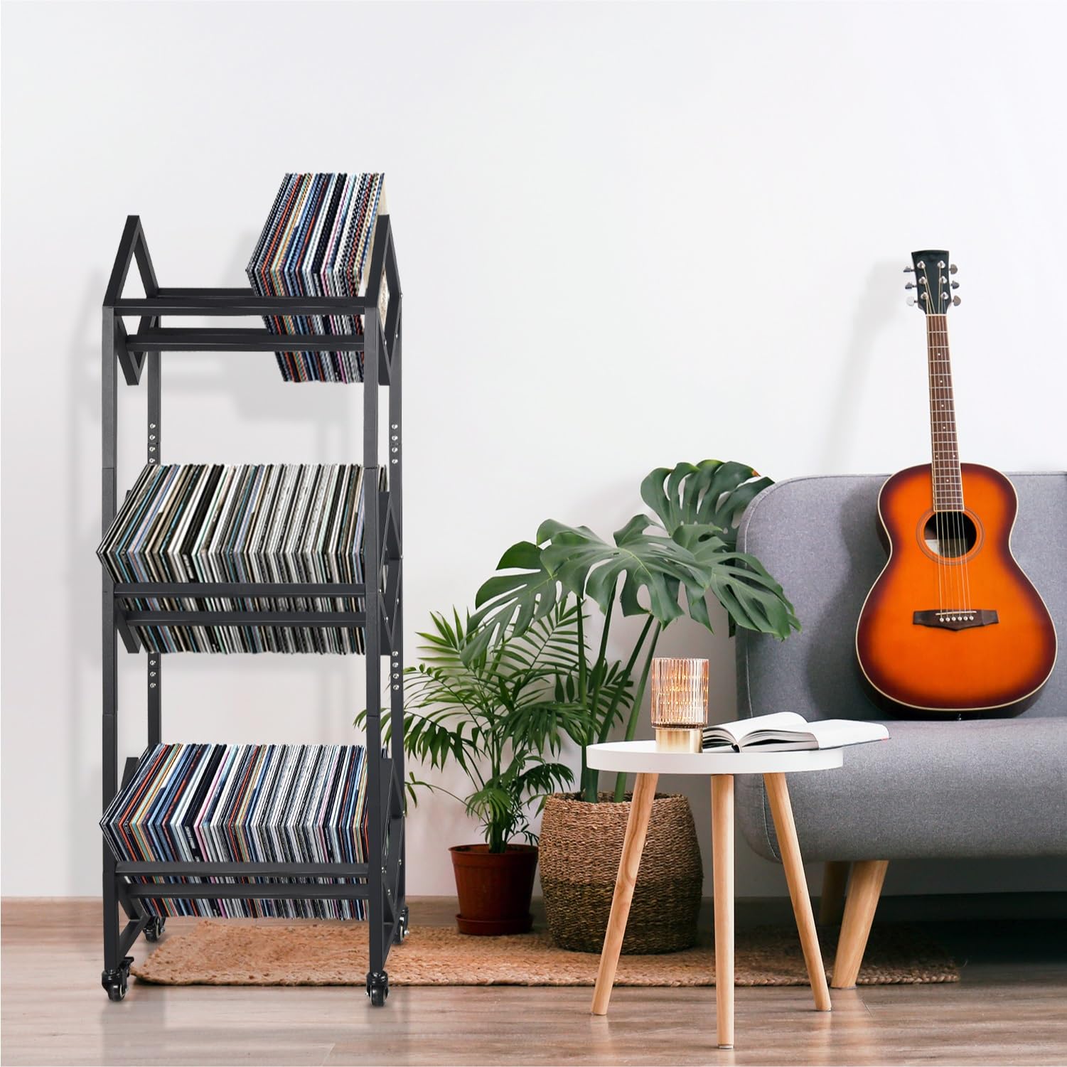 WIMART Record Holder, 2 Tiers Vinyl Record Storage Rack Shelf Holder, Album Display Stand for Home, Office with Sand Black Powder Coated High End Design with Casters Easy to Move, 160-200 LP Storage