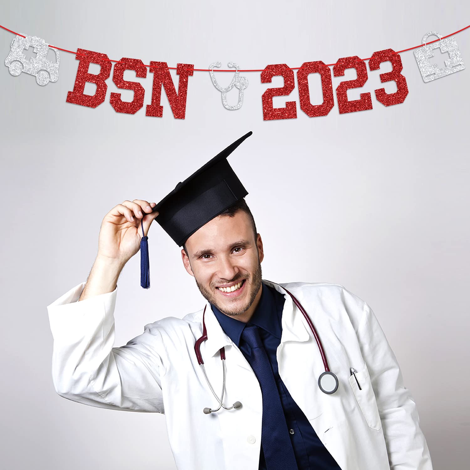 BSN 2023 Banner - Nurse Graduation Bunting Sign, Future Nurse, Medical School Graduation Party Decorations - Red and Silver Glitter