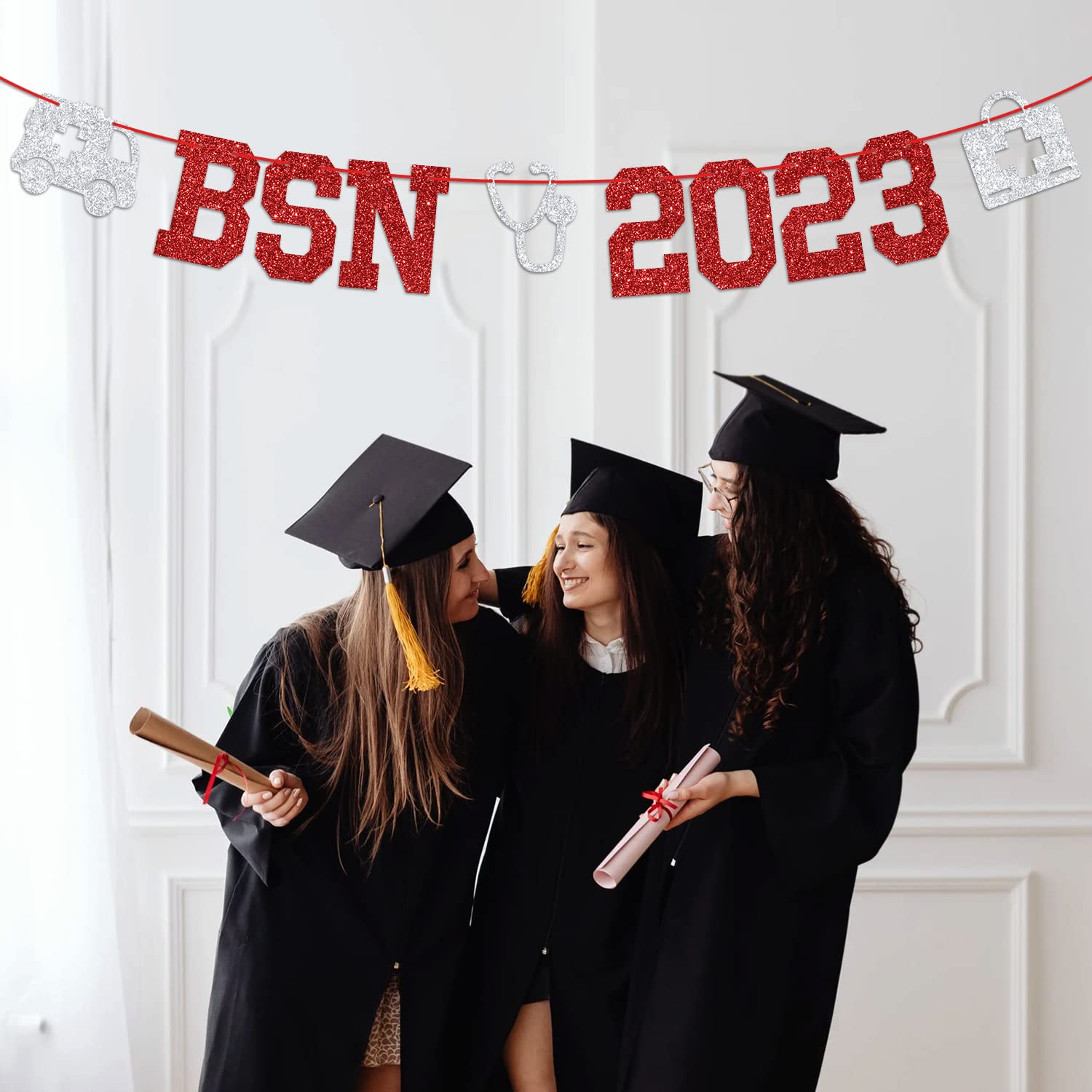 BSN 2023 Banner - Nurse Graduation Bunting Sign, Future Nurse, Medical School Graduation Party Decorations - Red and Silver Glitter